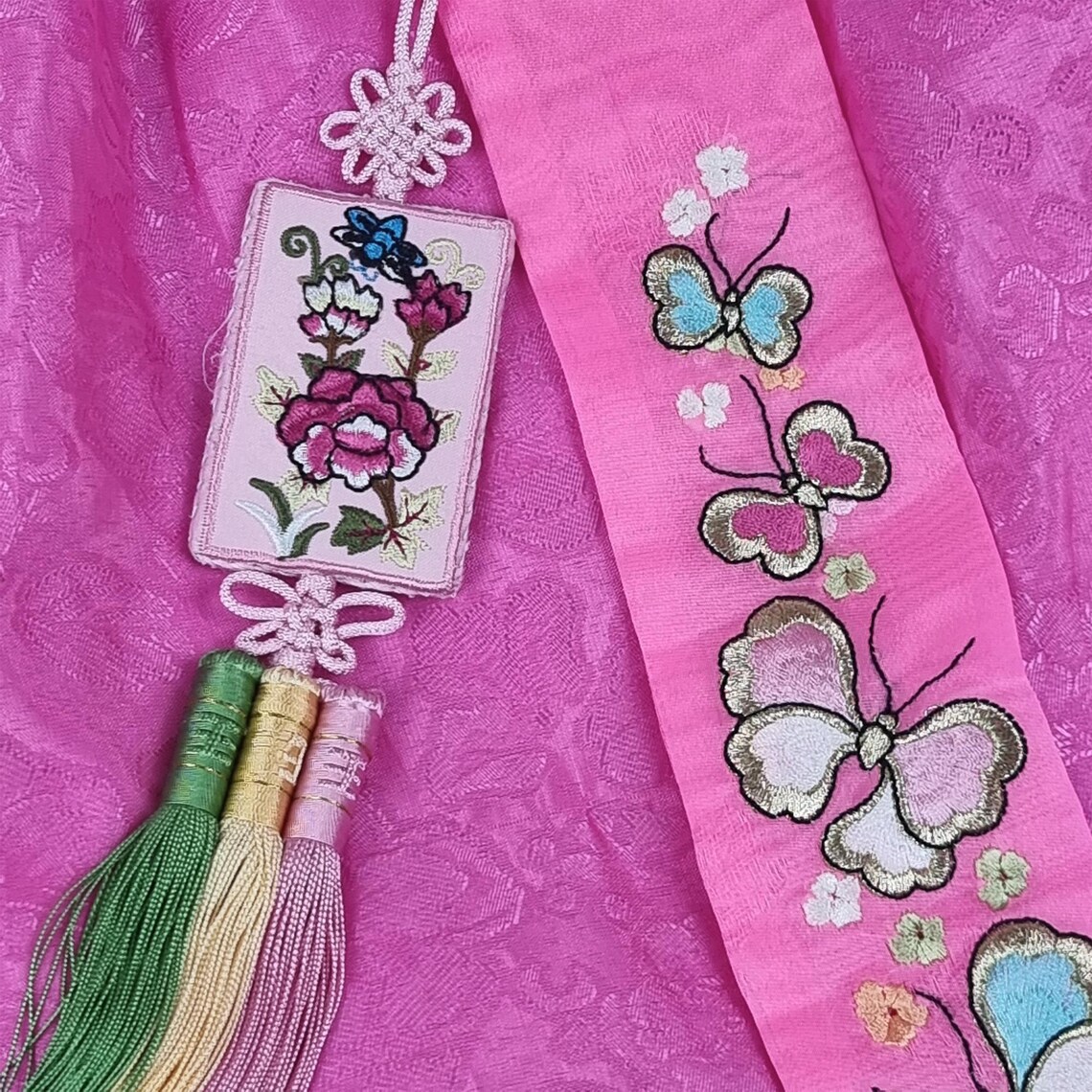 Peony Norigae Korean Tassel Charm, Floral Embroidered Hanbok Knot ...