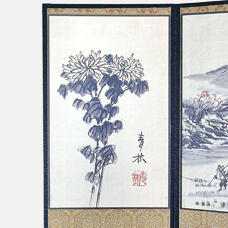 Sagunja Ink Folding Screen, Tabletop Korean Four Gentlemen Noble Plants ...