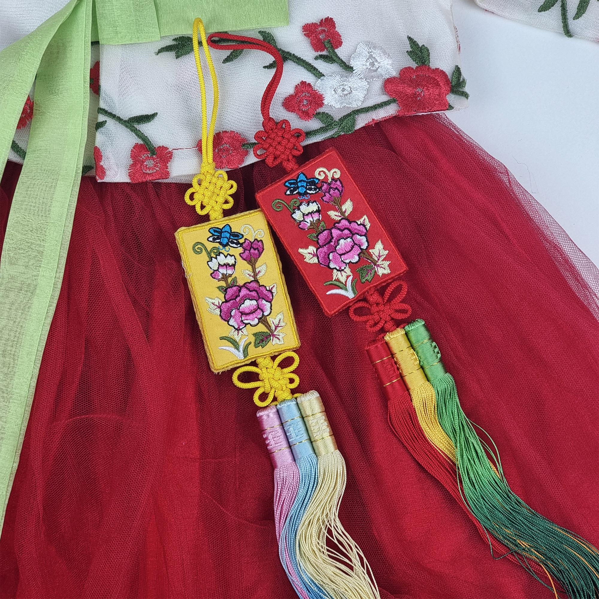 Peony Norigae Korean Tassel Charm, Floral Embroidered Hanbok Knot ...