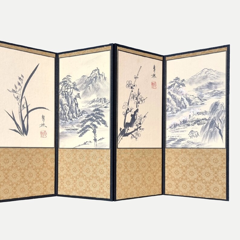 Sagunja Ink Folding Screen, Tabletop Korean Four Gentlemen Noble Plants ...