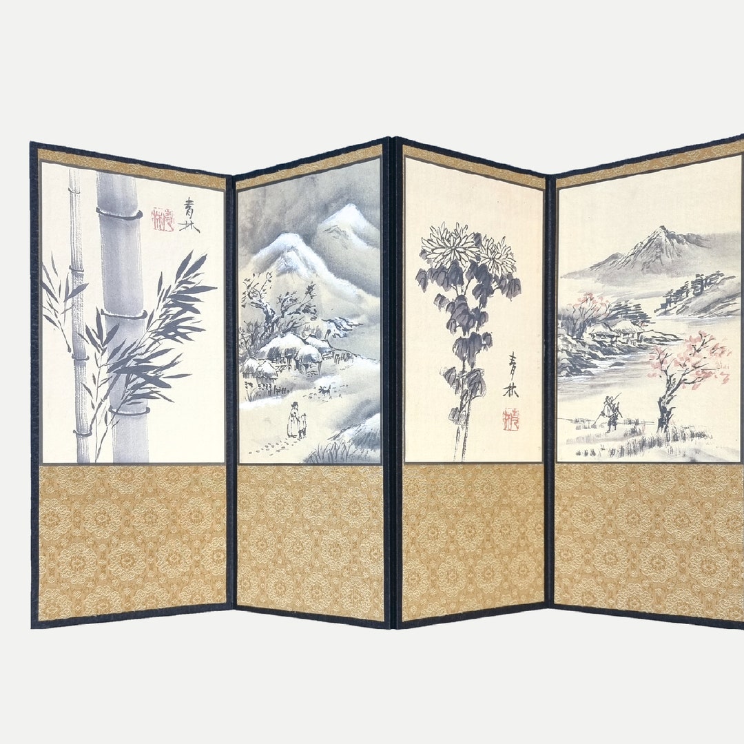 Sagunja Ink Folding Screen, Tabletop Korean Four Gentlemen Noble Plants ...