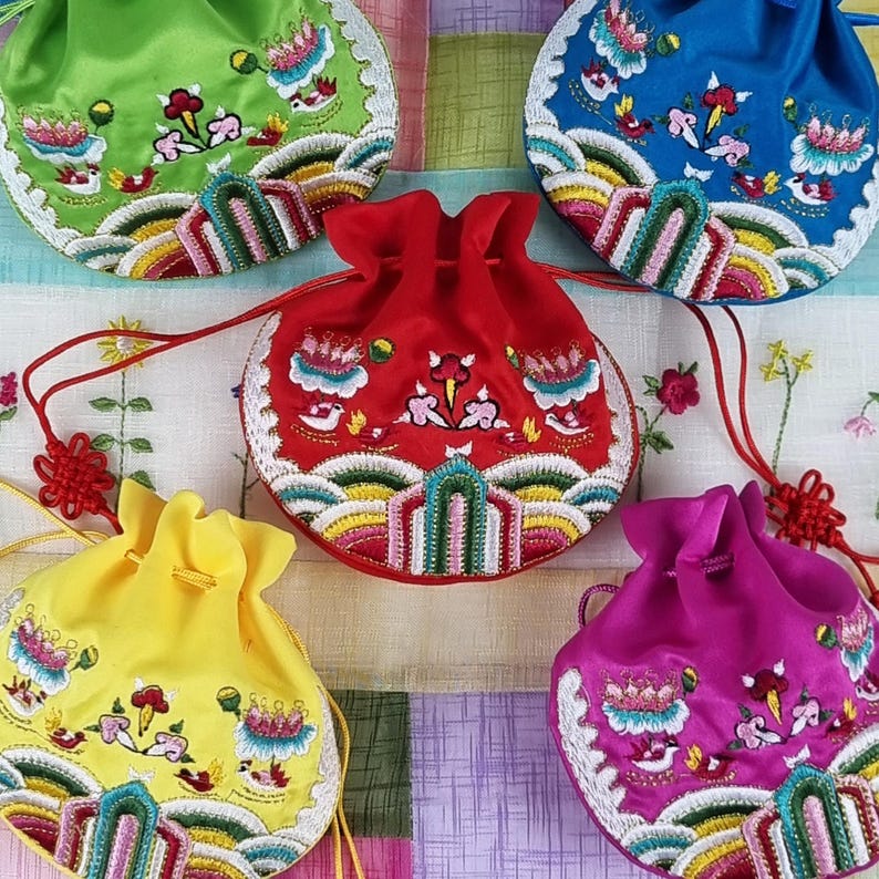 5PCS Set of Korean Embroidered Good Luck Pouches, Bokjumeoni Hanbok ...