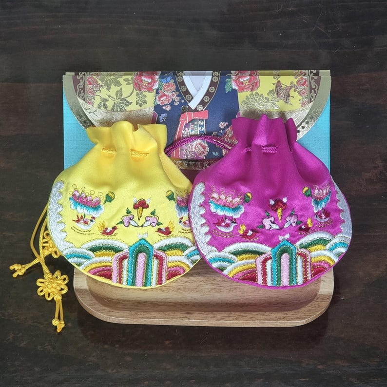 Korean Bokjumeoni & Hanbok Card Gift Set, 2 Embroidered Lucky Pouches ...