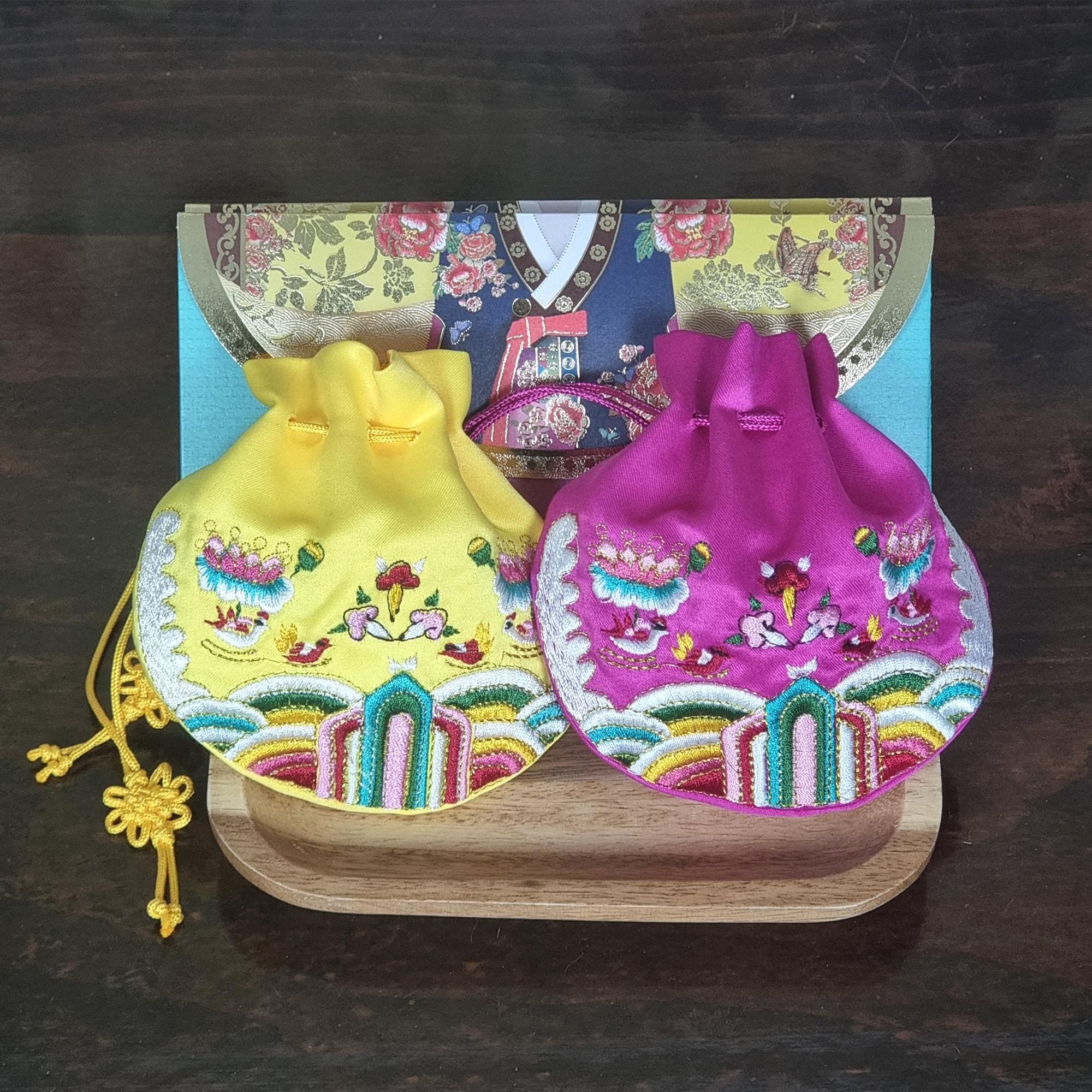 Korean Bokjumeoni & Hanbok Card Gift Set, 2 Embroidered Lucky Pouches ...