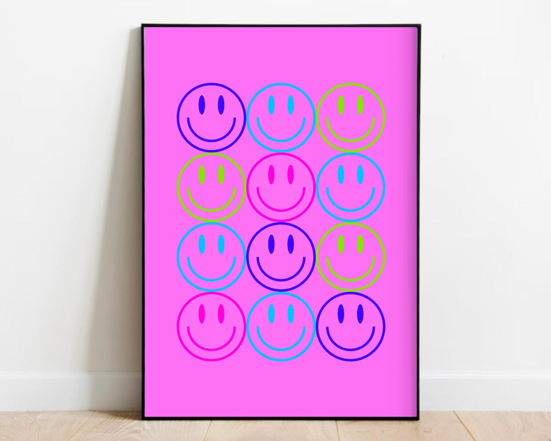 Neon Smiley Faces Print, Neon Poster, Colorful Retro Print, Groovy Art ...