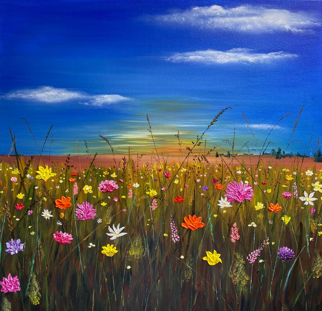 Colourful Field of Flowers Oil Painting. Modern Painting for Bedroom ...