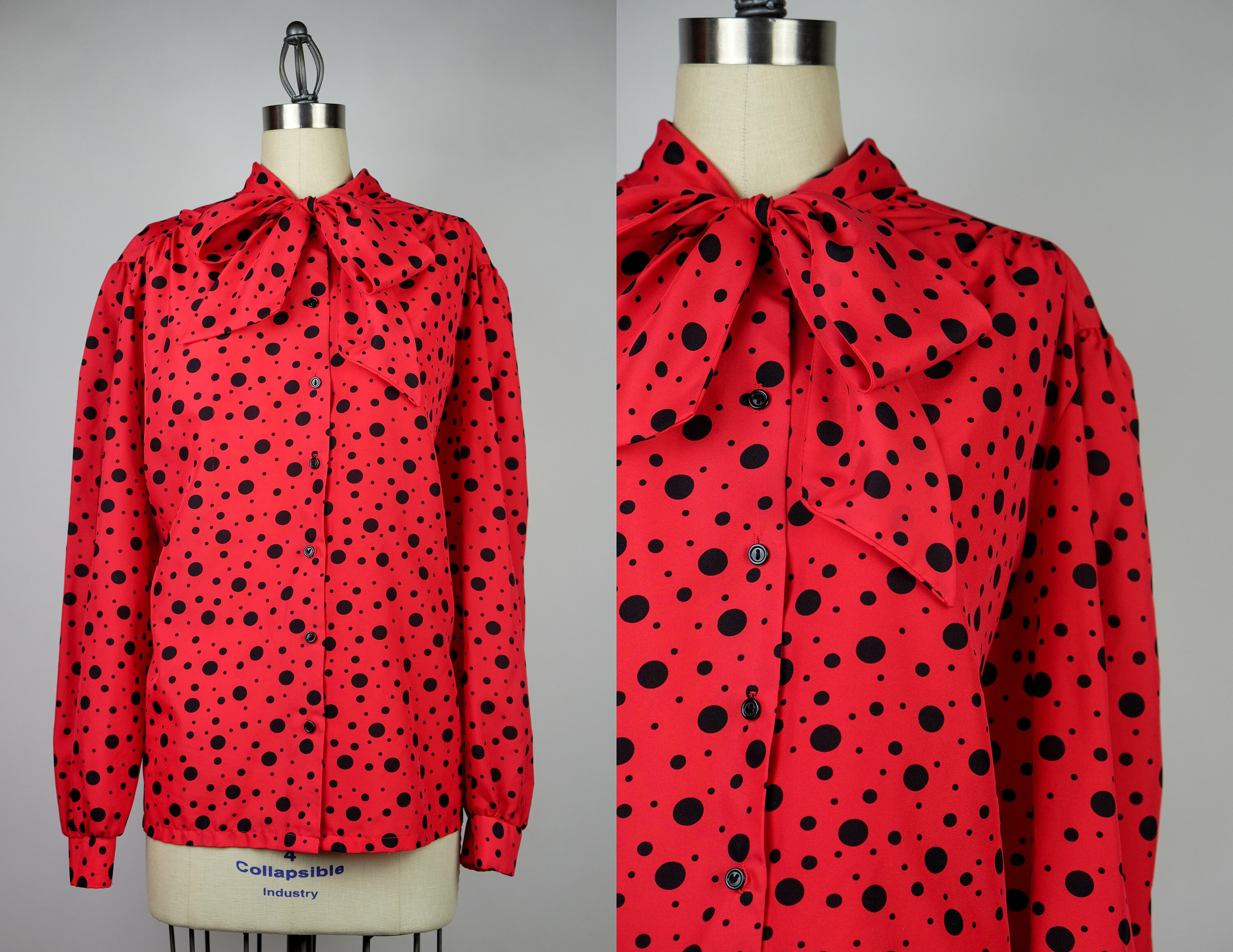 1980s Ms. Bond Red and Black Polka Dot Secretary Bow Blouse - Etsy