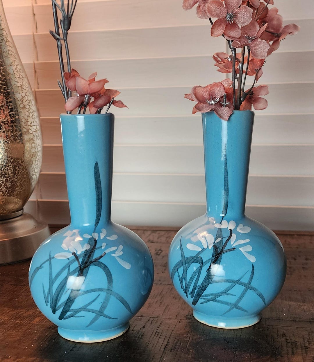 Pair of Vintage Blue Vases With Hand Painted Flowers - Etsy