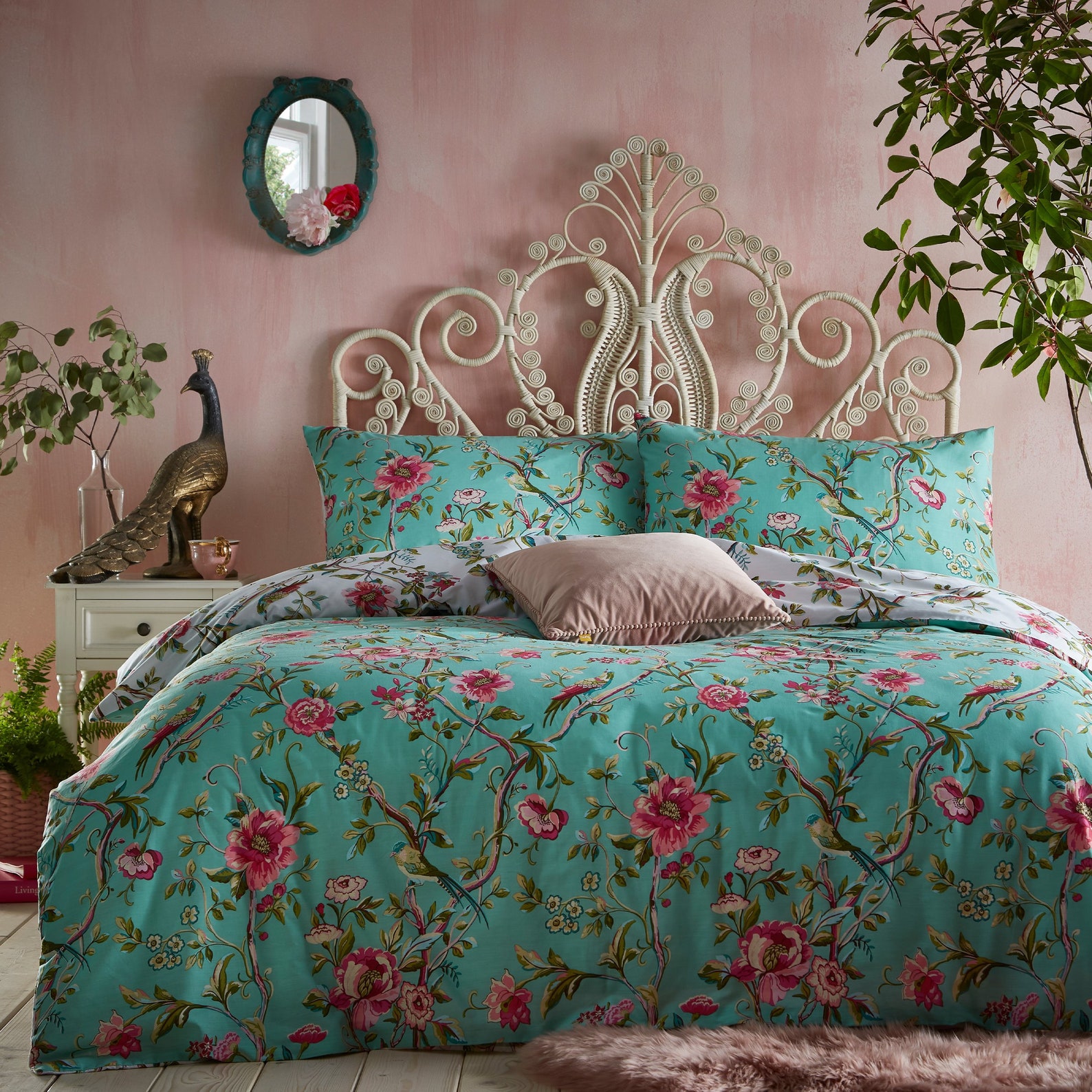 Chinoiserie Green Floral Duvet Cover Set Reversible Botanical Etsy Uk