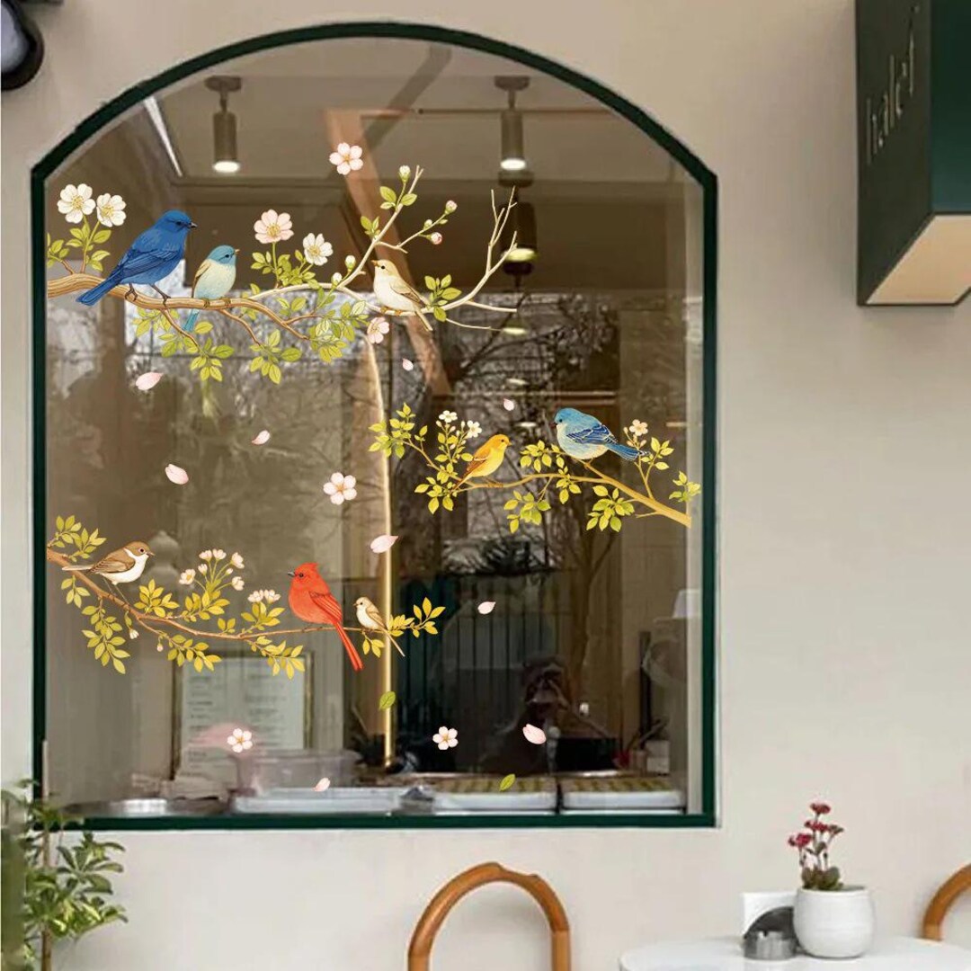 Spring Bird Window Clings - Flower Branches Glass Decals, Cardinal ...