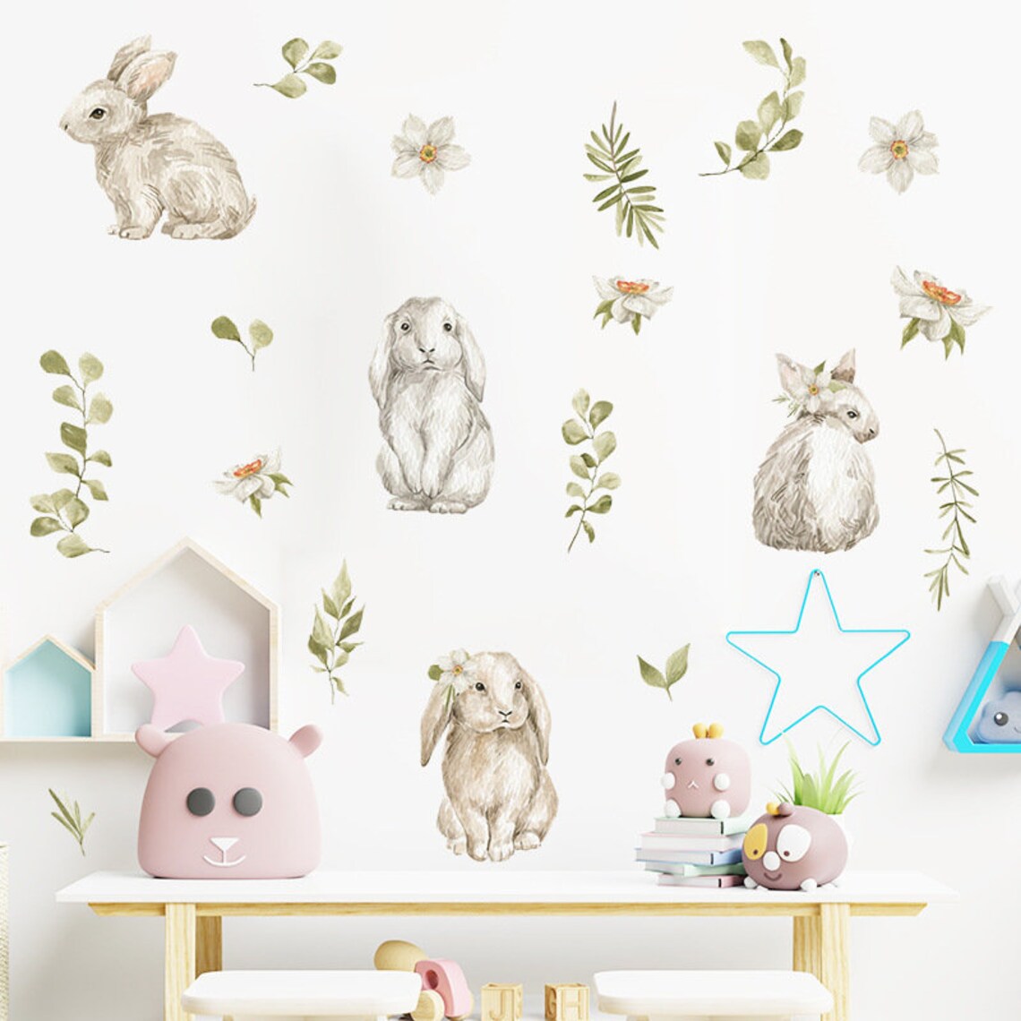 Bunny Kit Wall Decalcartoon Rabbit Nursery Wall | Etsy