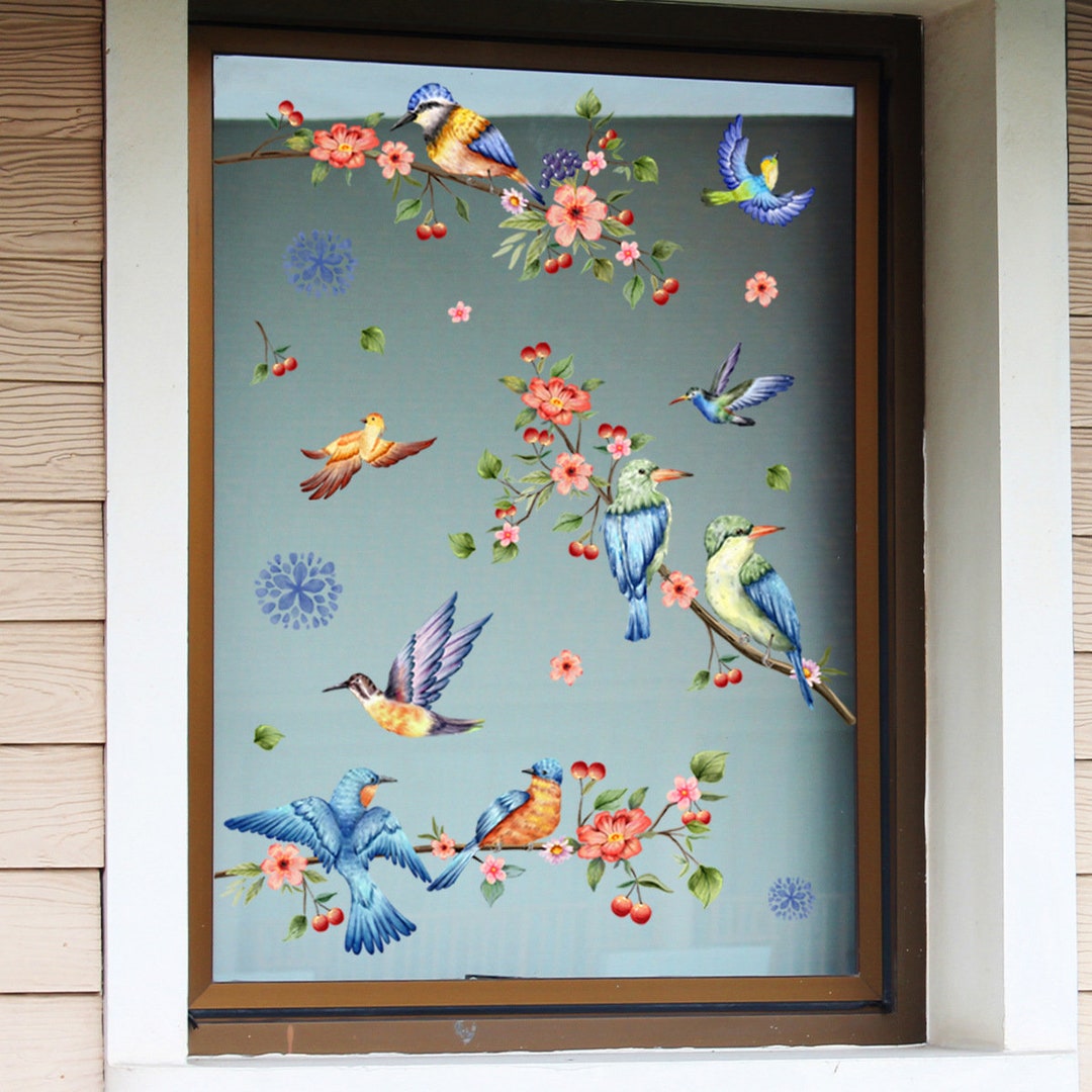 Bird Window Clings,static Cling Window Sticker,flower and Hummingbird ...