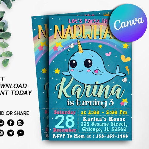 Narwhal Invitation Mermaid Birthday Party Under the Sea - Etsy