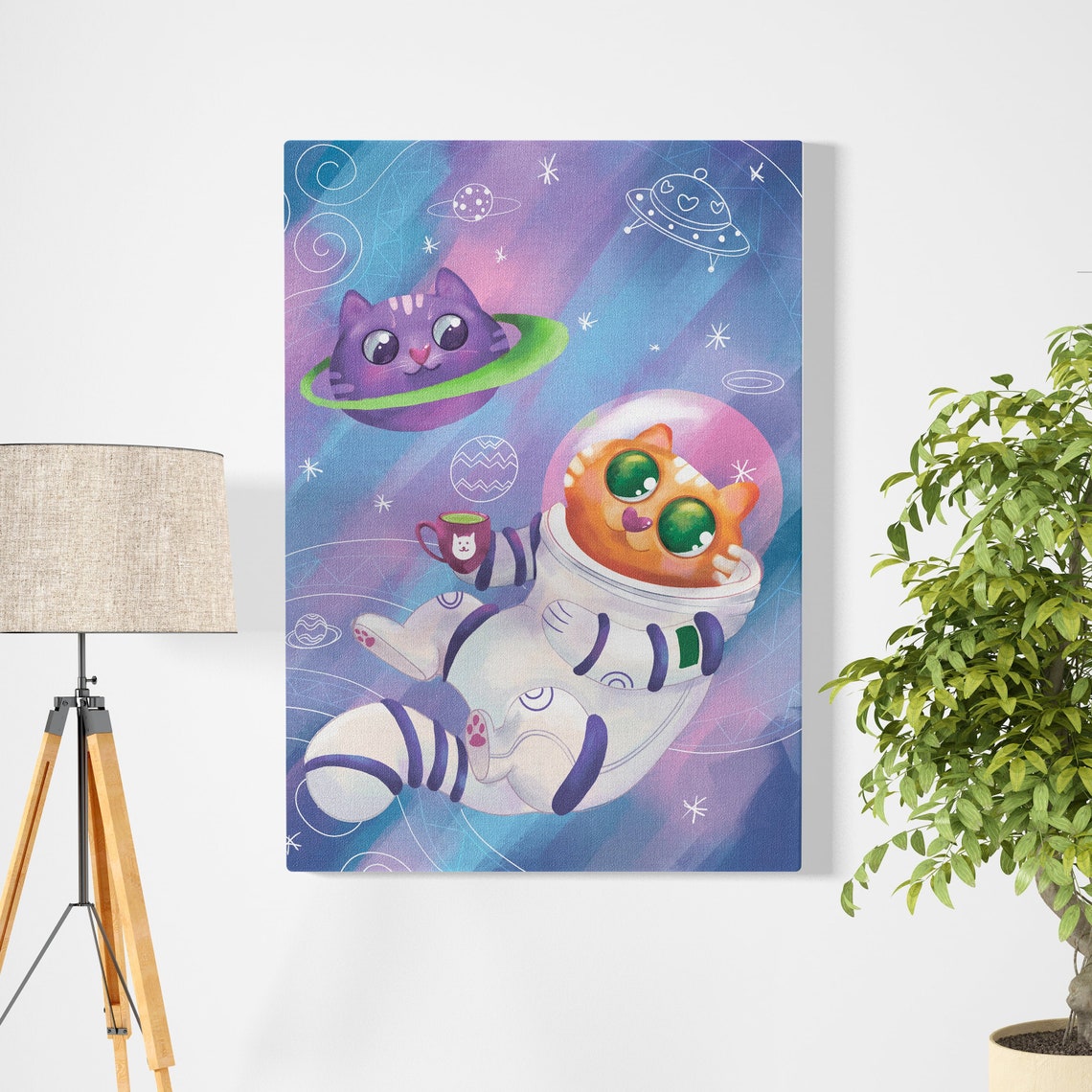 Space cat wall poster digital printing space theme planet | Etsy