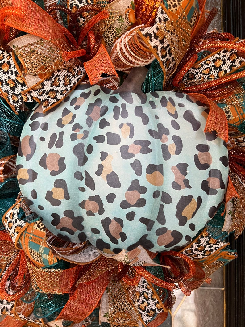Orange and Teal Wreath Teal Fall Pumpkin Teal Leopard Door - Etsy