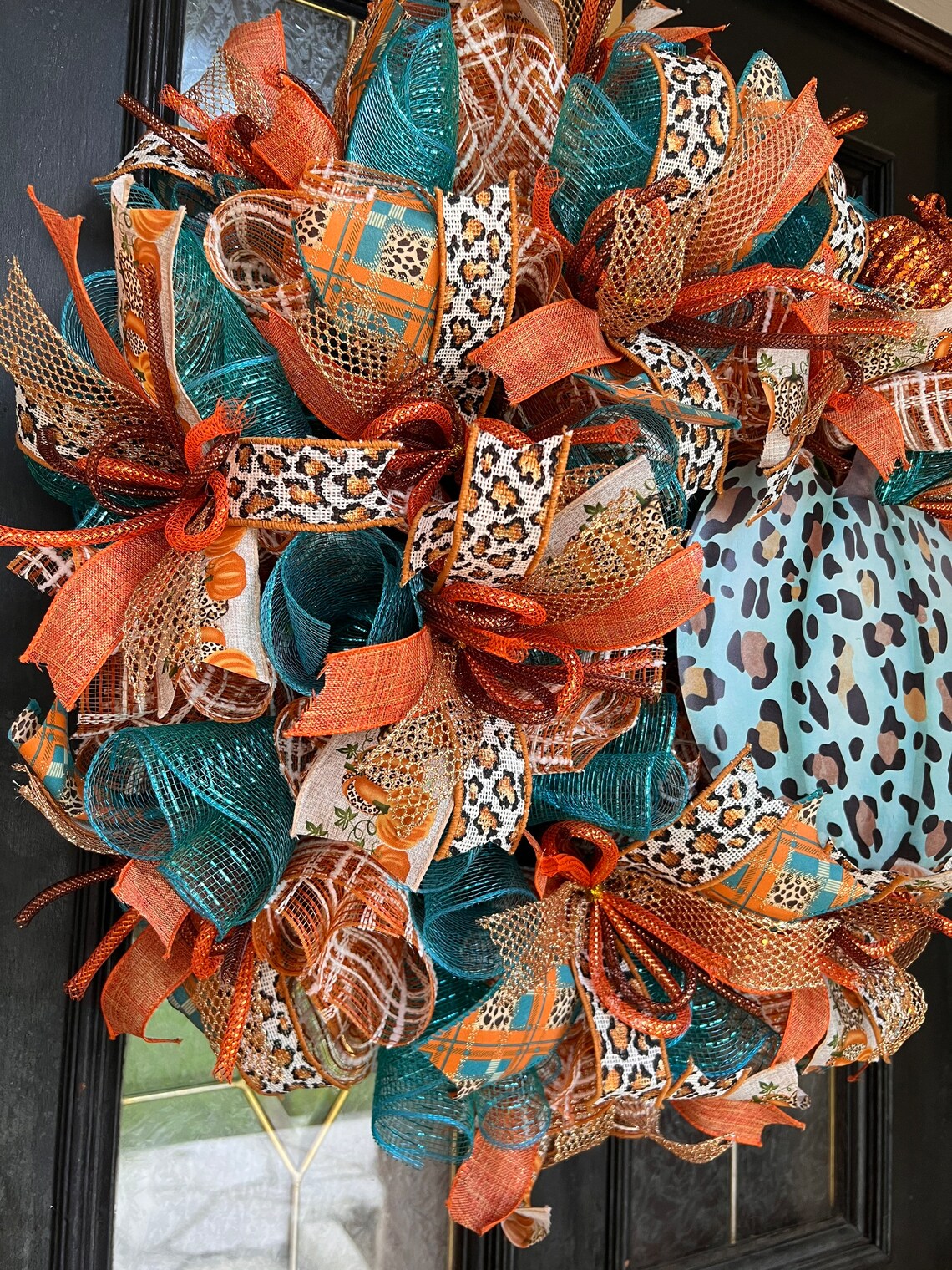 Orange and Teal Wreath Teal Fall Pumpkin Teal Leopard Door - Etsy