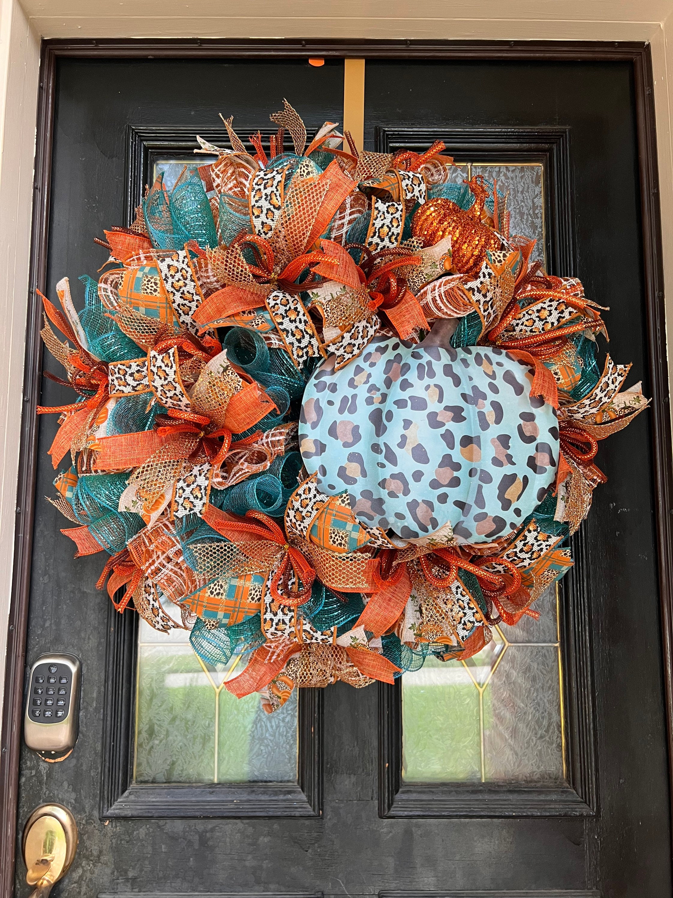 Orange and Teal Wreath Teal Fall Pumpkin Teal Leopard Door - Etsy