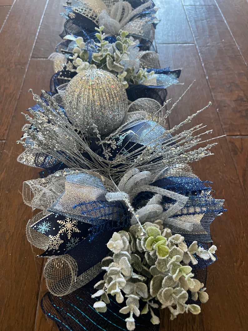 Blue and Silver Garland, 6ft LED Garland for Mantle, Table Runner Decor ...