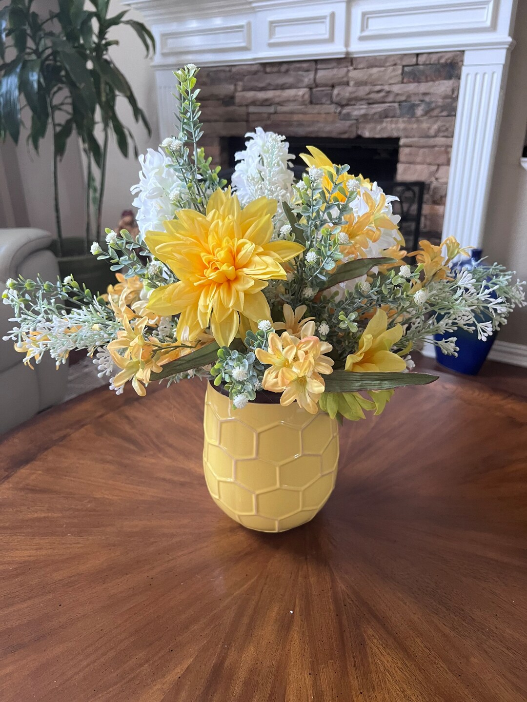 Dahlia & Hyacinth Floral Centerpiece: Yellow Honeycomb Vase - Etsy