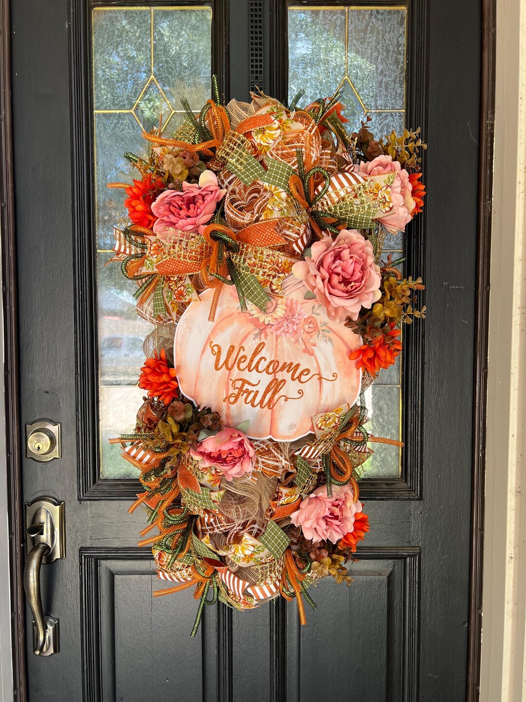 Extra Large Peach Pumpkin Fall Floral Door Swag - Etsy