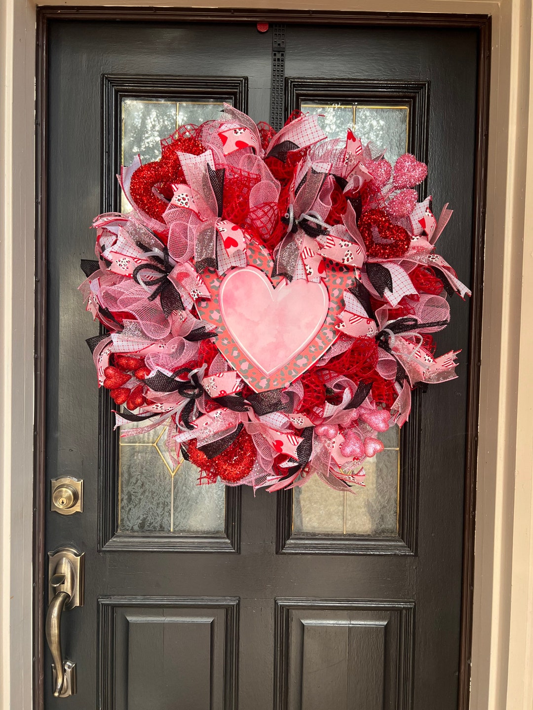 Valentines Day, Pink Heart Wreath, Black and Red Wreath, Valentines ...