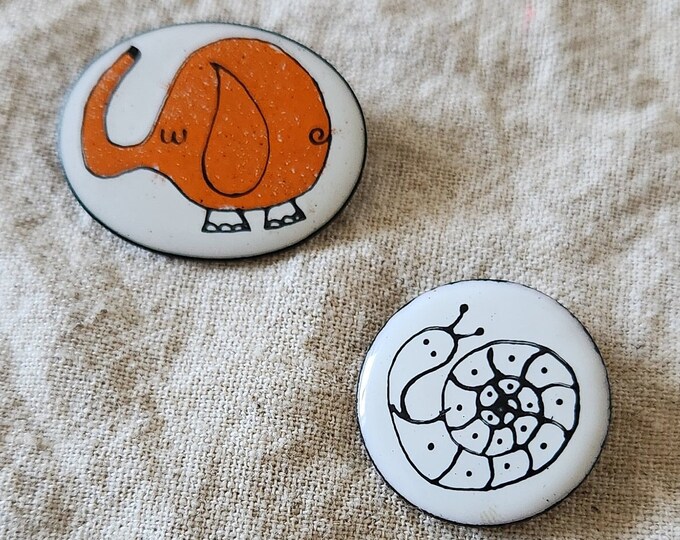 1960s Buttons / Elephant and Snail 60s Buttons / Cartoon Folk Art Pin ...