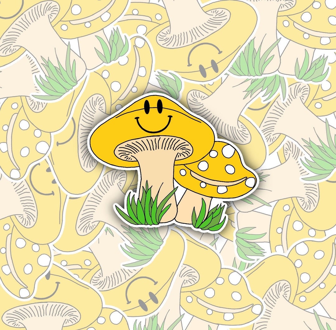 Groovy Yellow Smiley Face Mushroom Sticker Decal, Perfect for Laptops ...