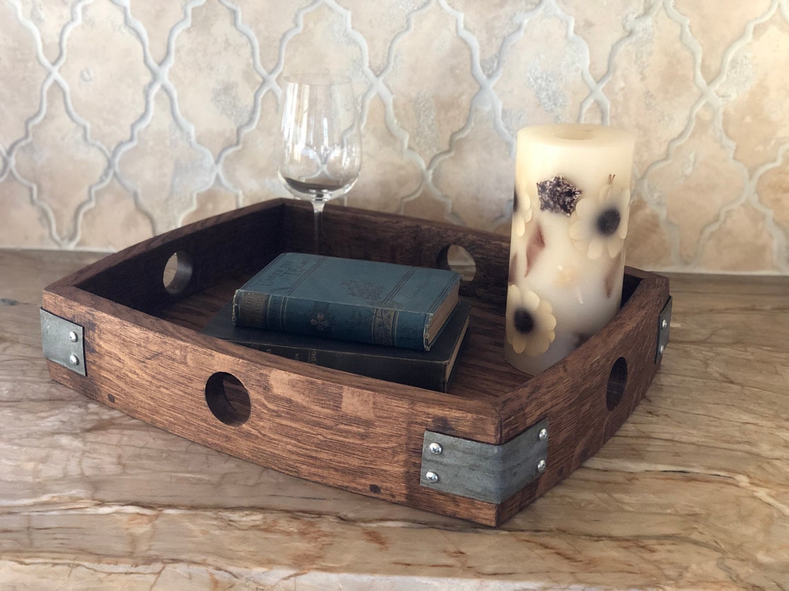 Wine Barrel Tray With Metal Detail and Bung Hole Handles | Etsy