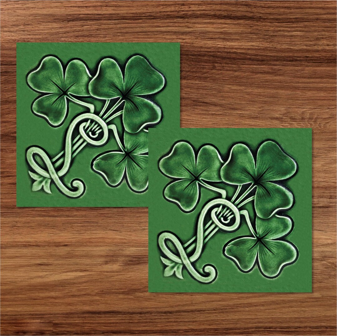 Art Nouveau Shamrock Green Ceramic Wall Tiles – Trefoil Printed Design ...