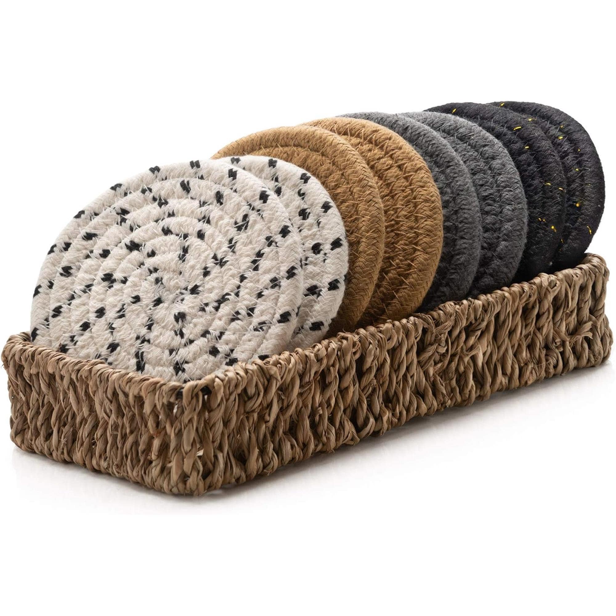 Boho Drink Coasters With Seagrass Basket Holder Set of 8 Handmade ...