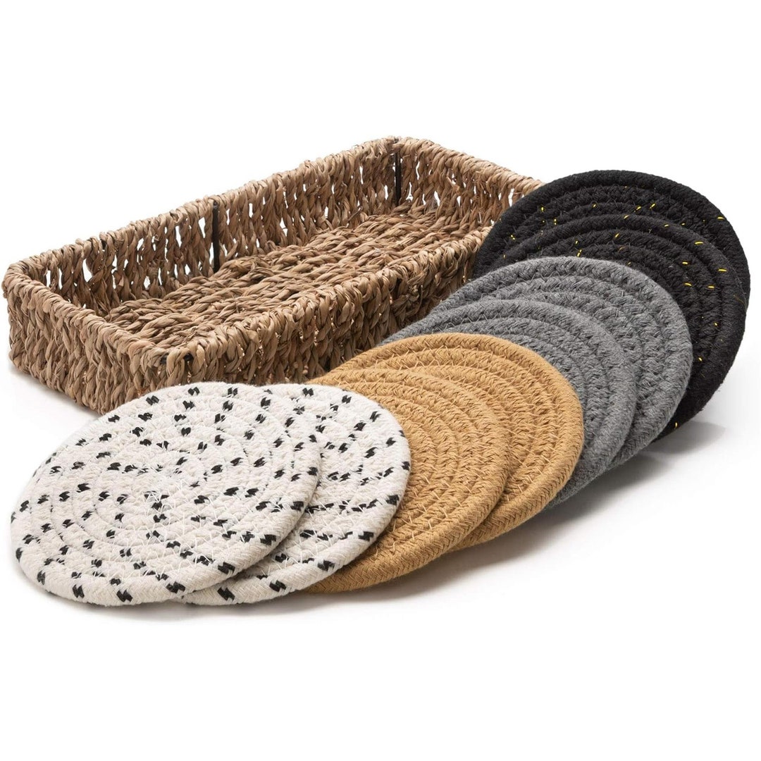 Boho Drink Coasters With Seagrass Basket Holder Set of 8 Handmade ...