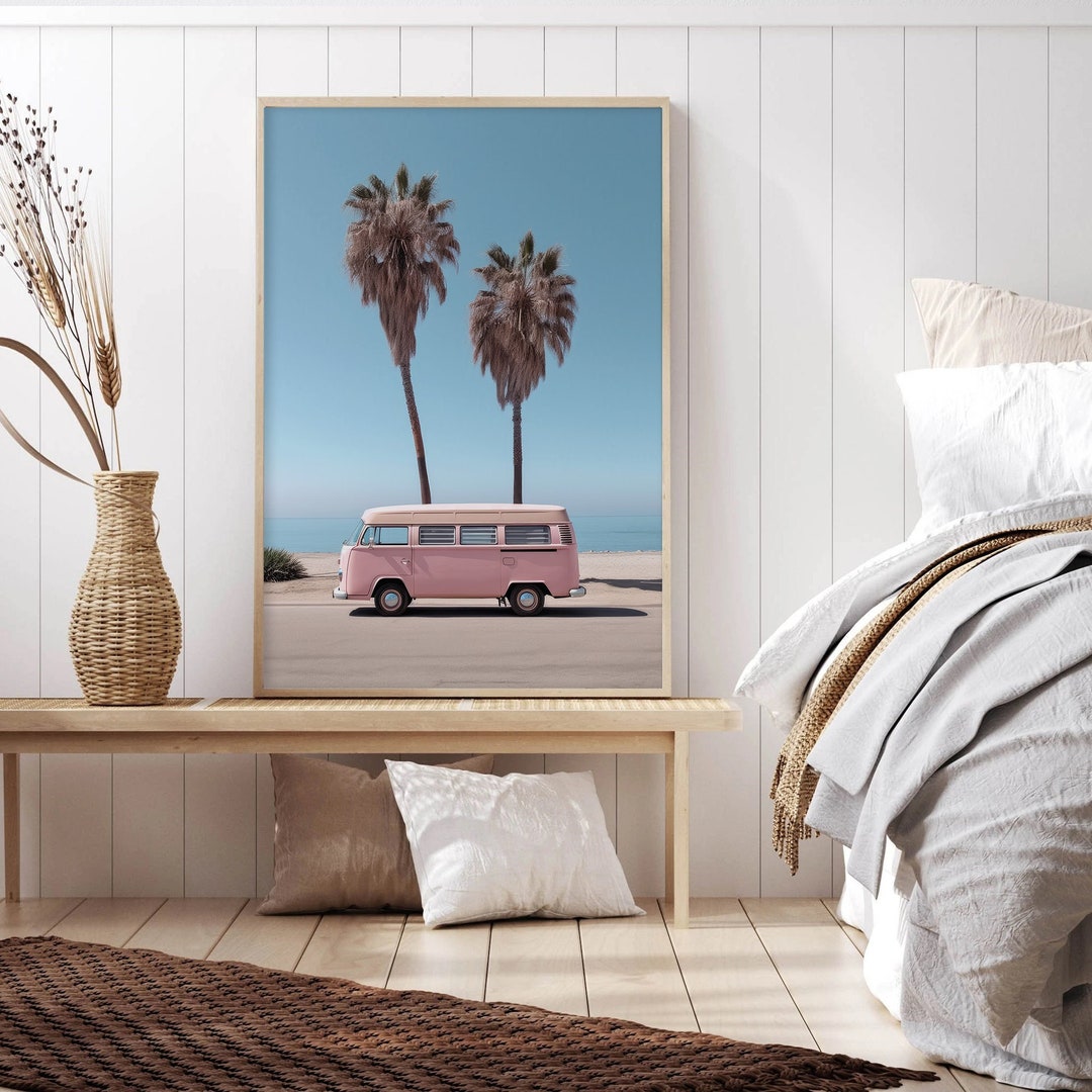 Pink VW Bus Wall Art, Retro Beach Wall Art, Coastal Wall Art, Palm Tree ...