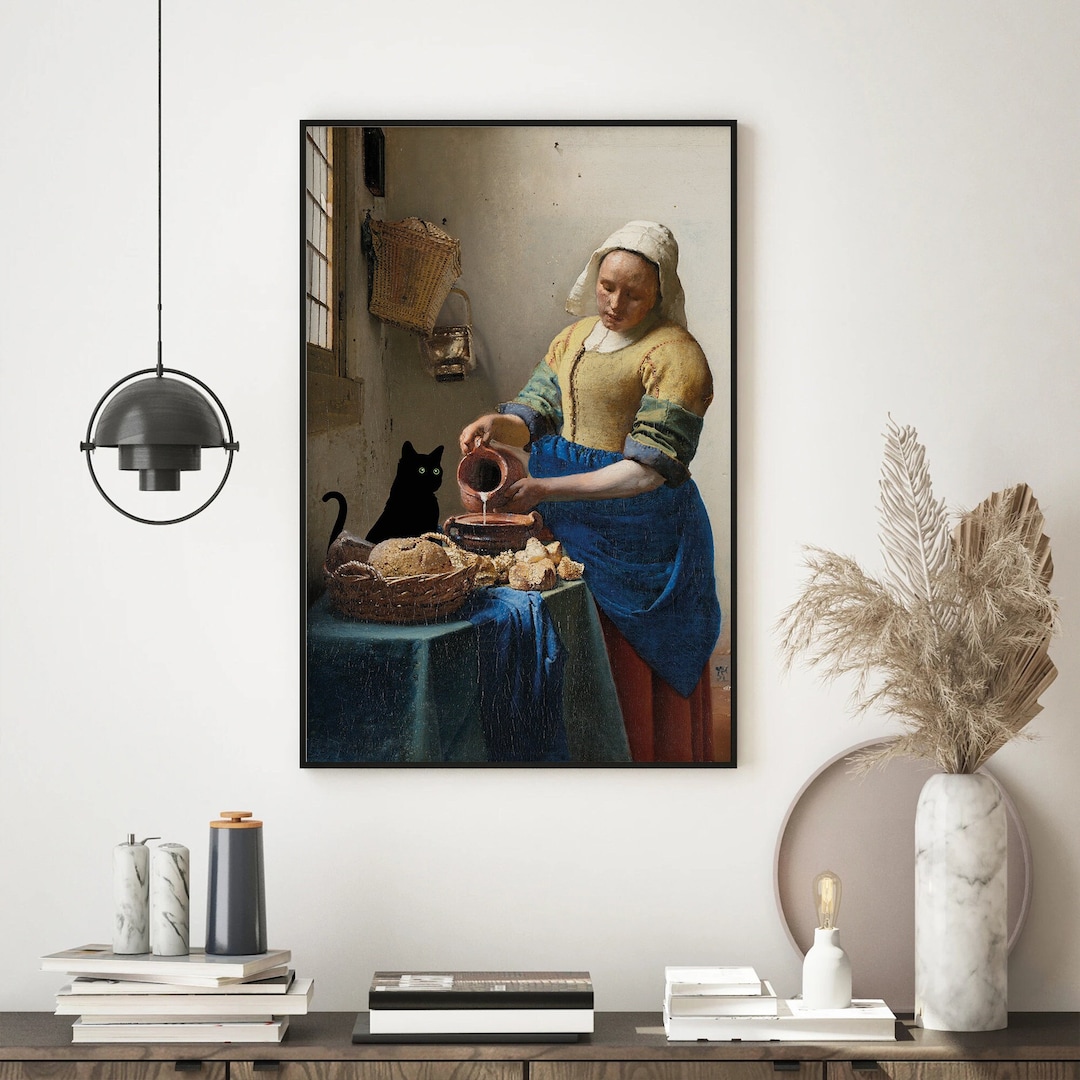 Milkmaid Johannes Vermeer Art, Classic Framed Wall Art, Black Cat Lover ...