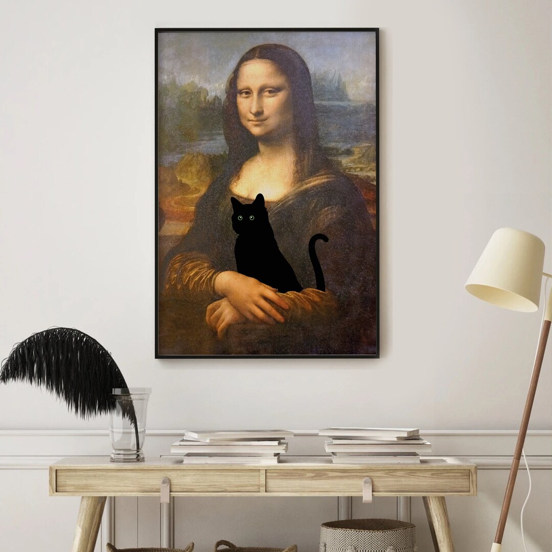 Altered Mona Lisa Art, Famous Portrait Painting, Black Cat Wall Art ...