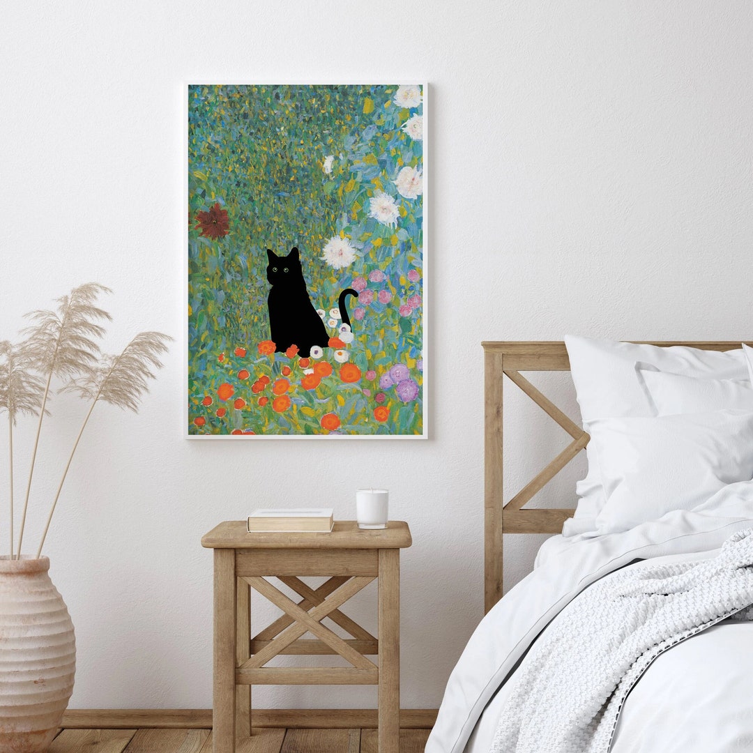 Gustav Klimt Print, Black Cat Wall Art, Botanical Wall Art, Classic Framed Wall Art, Black Cat ...