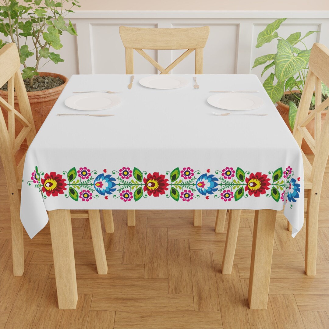 White Polish Folk Floral Art Print Tablecloth: Traditional Elegance for ...