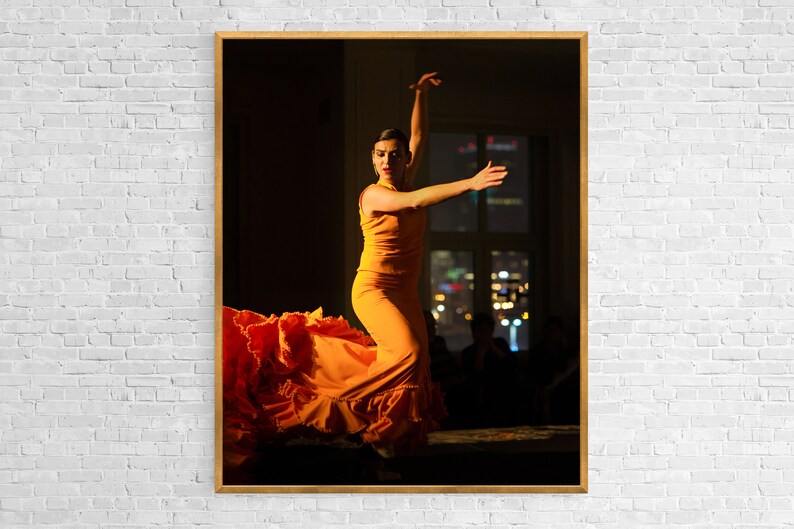 Large Format Flamenco Dancer in an Orange Dress on a Black Background ...