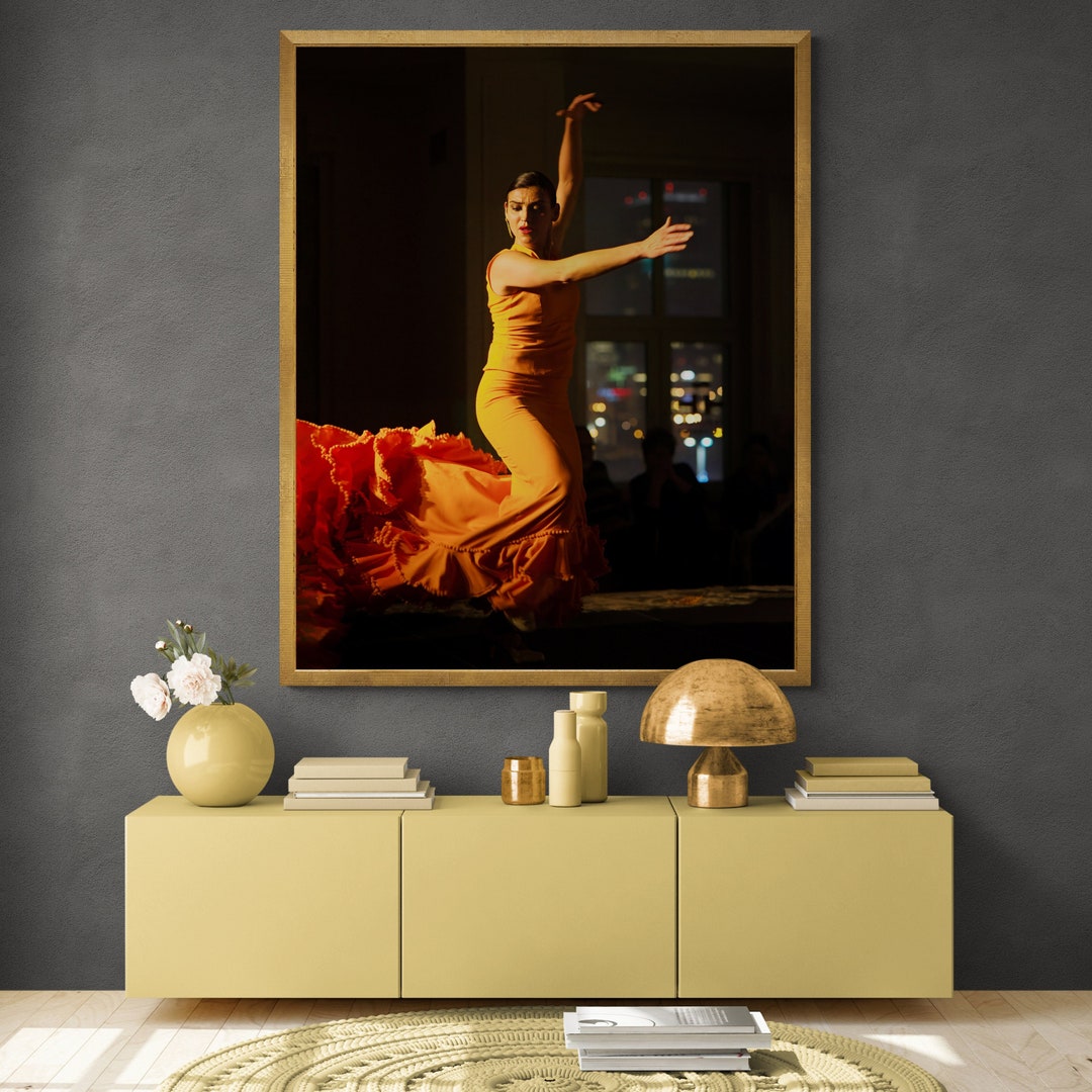Large Format Flamenco Dancer in an Orange Dress on a Black Background ...
