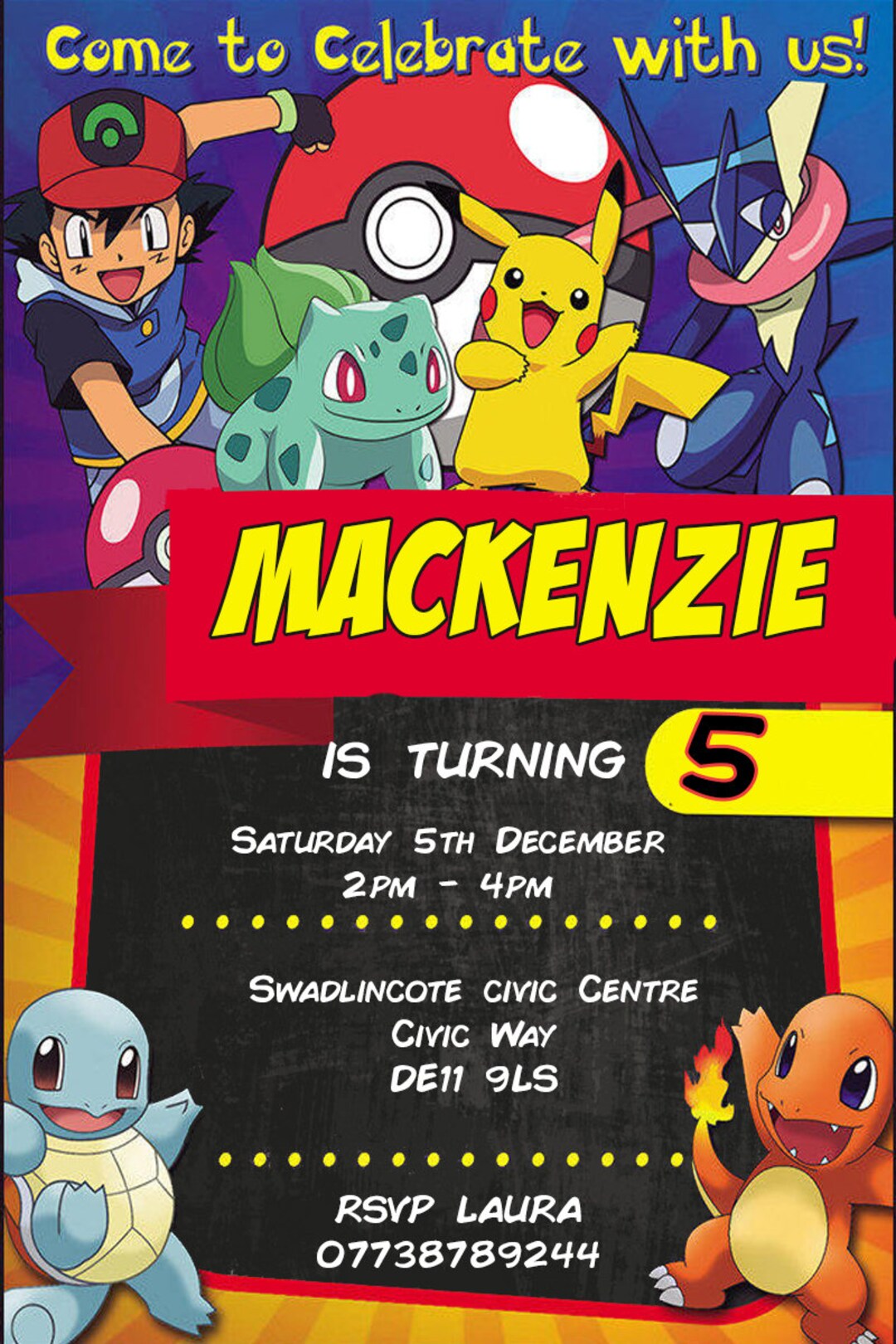 Personalised Pokémon Birthday Invitation, Pokémon Birthday Invitation ...