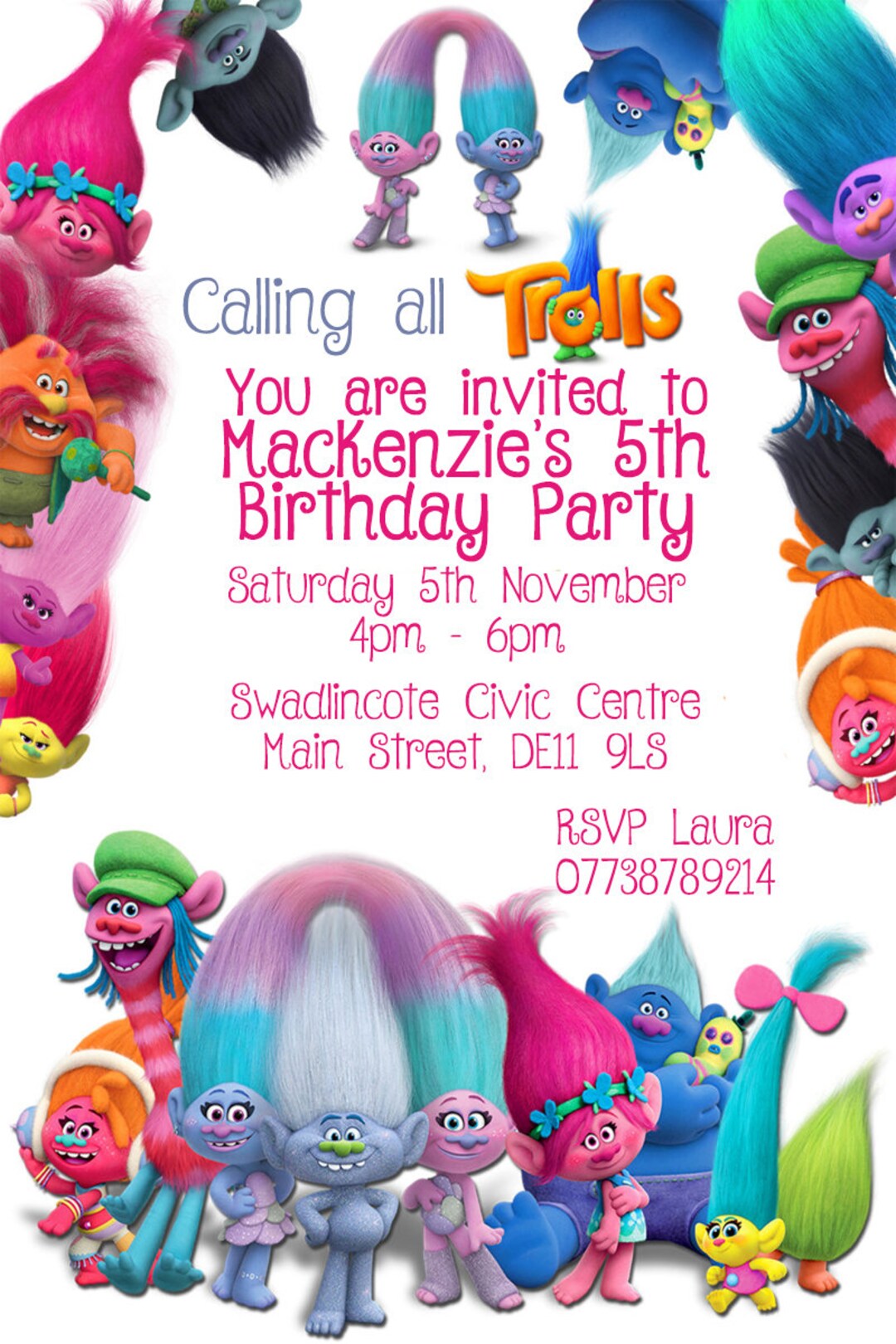 Personalised Trolls Invitation, Poppy Invitation, Trolls Birthday Party ...