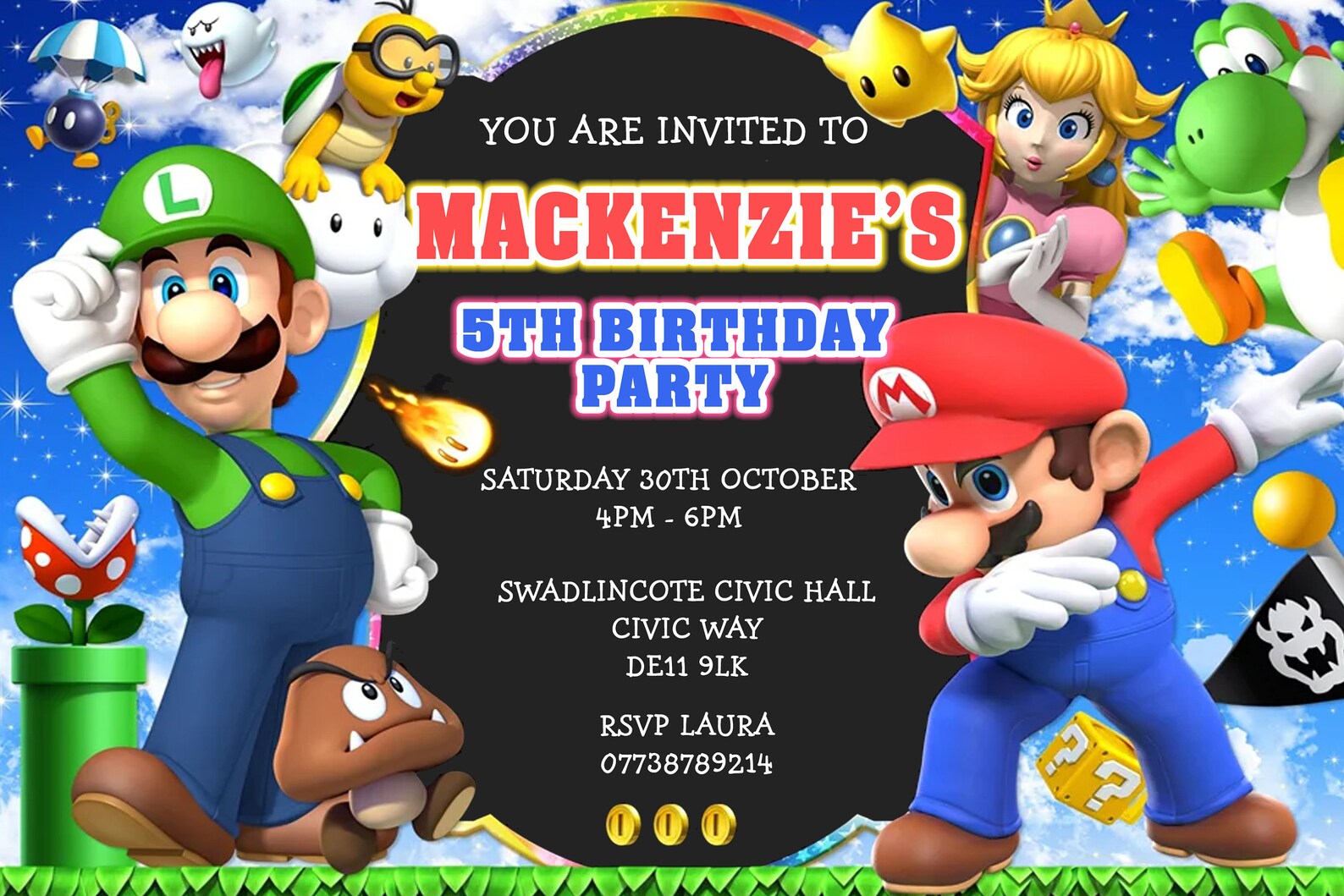 Personalised Super Mario Birthday Invitation, Mario Bros Birthday ...