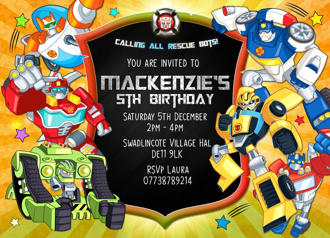 Personalised Rescue Bots Transformers Birthday Invitation , Birthday ...