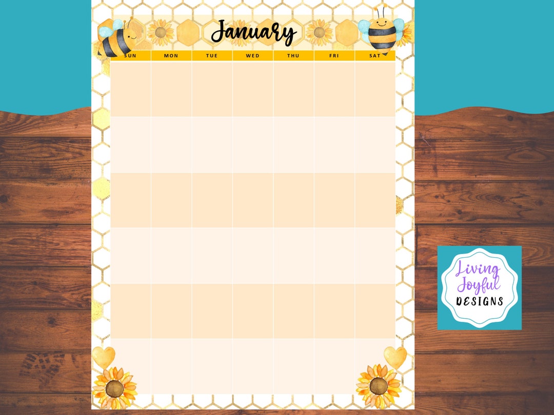 Bee Happy Undated Calendar U.S. Letter Size Bumble Bee-themed 12-month ...