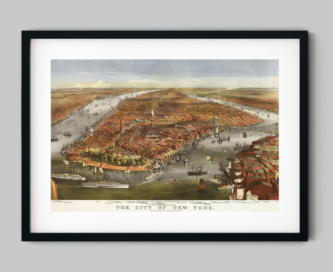 Panoramic Map View Ink Color Drawing of Manhattan and New York City USA ...
