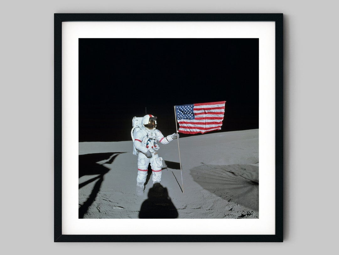 American Astronaut Hold a Flag on the Moon Surface Color Photography ...