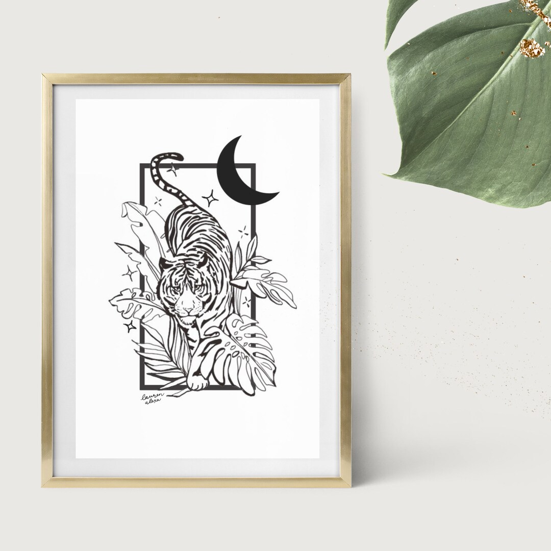 Tiger Boho Cute Moon -line Art - Black and White- Simple Design - Boho ...