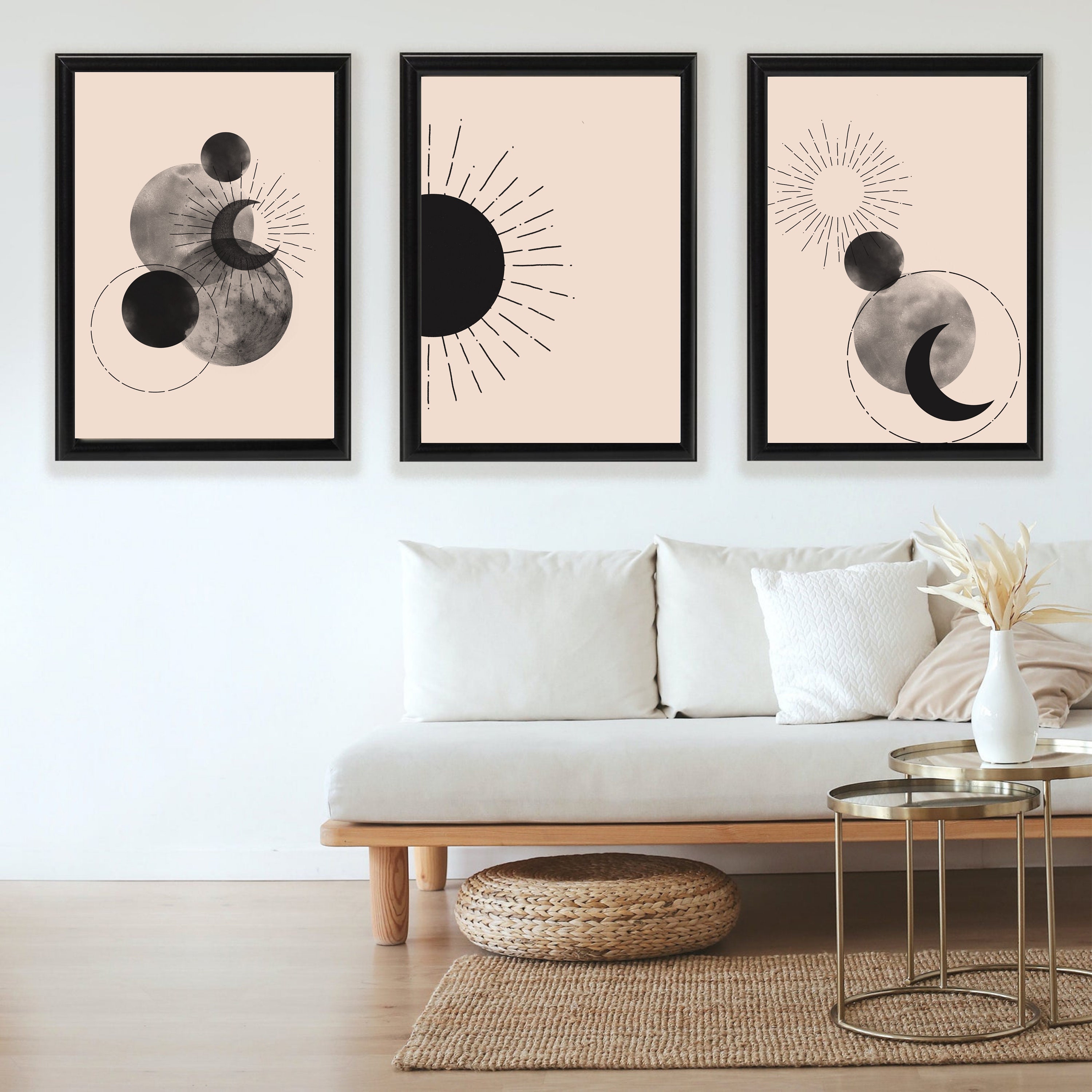 Moon and Sun Abstract Solar Ink/watercolor/line Art Art Prints Set of 4 ...