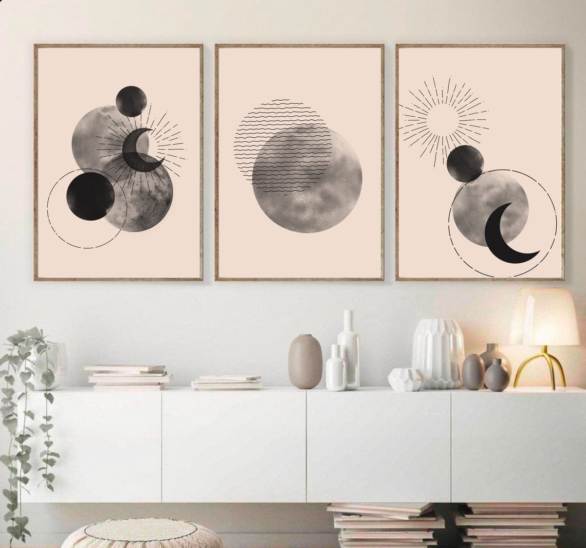 Moon and Sun Abstract Solar Ink/watercolor/line Art Art Prints Set of 4 ...