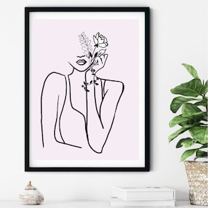 Light Pink Abstract Line Art Female With Flowers Portrait Set of Two - Etsy