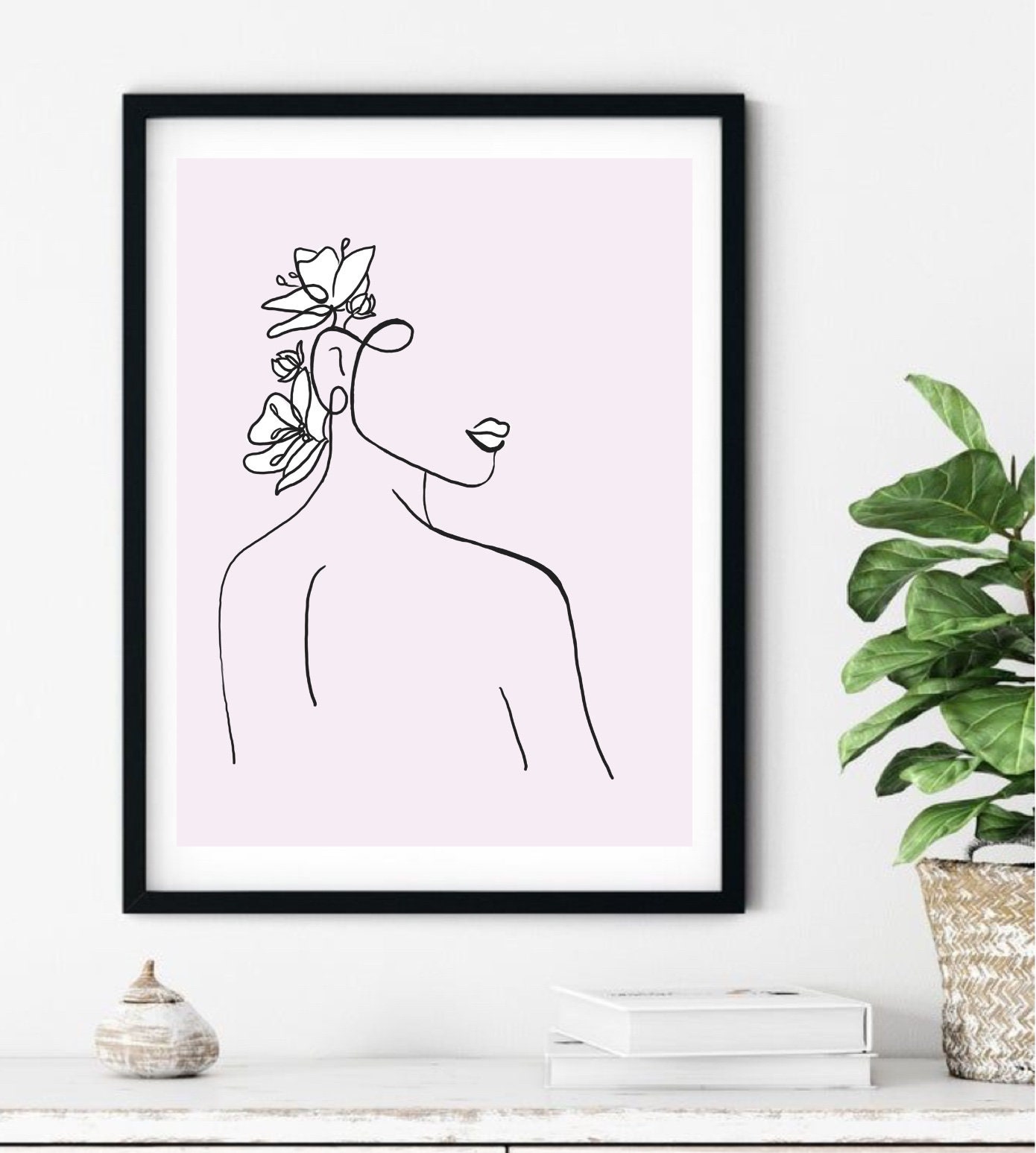 Light Pink Abstract Line Art Female With Flowers Portrait Set - Etsy